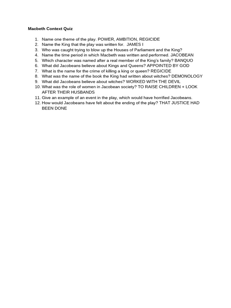 Macbeth Context Quiz | PDF