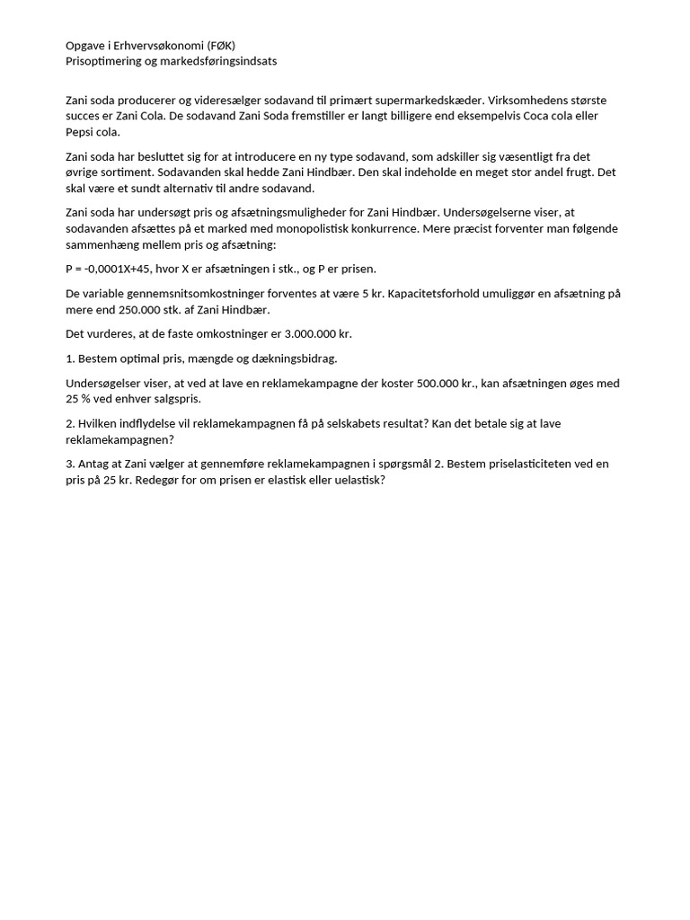 Opgave 7a - Zani soda - PO og markedsføringsindsats | PDF