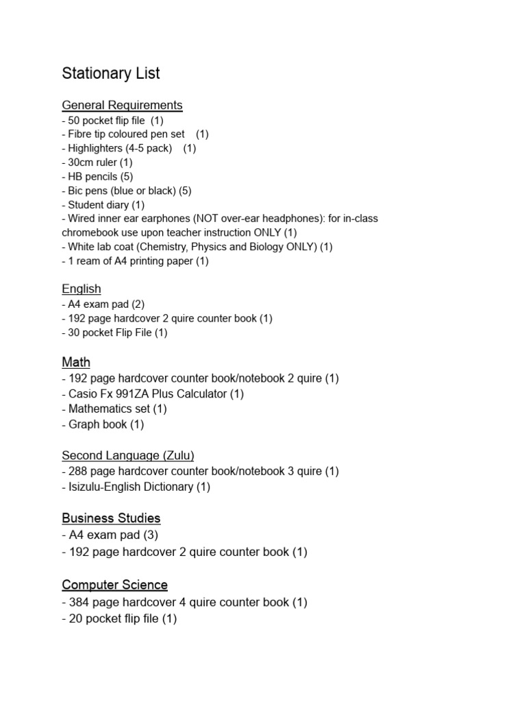 Stationary List | PDF
