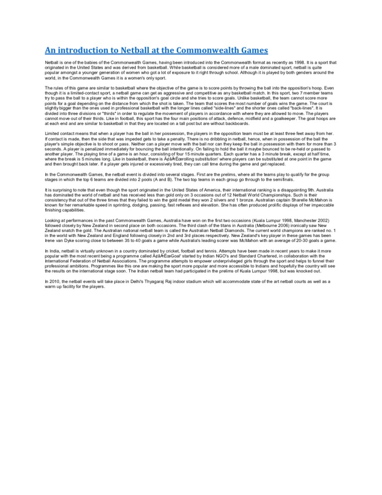 An Introduction To Netball at The Commonwealth Games | PDF | Sports ...