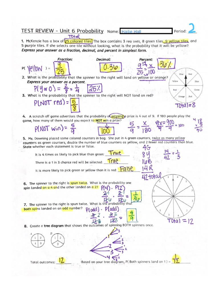 ANSWERS TEST REVIEW - Unit 6 Probability Name | PDF