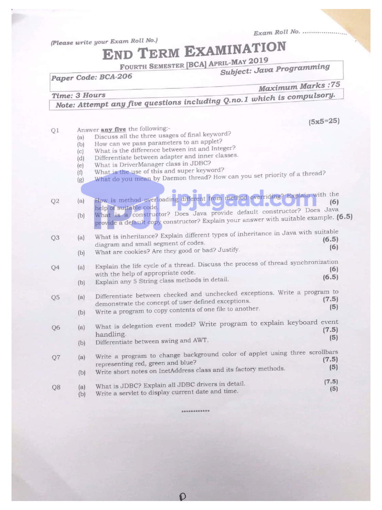 Ipjugaad - Bca 4th Sem Java Programming Paper 2019 | PDF
