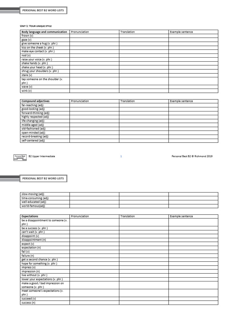 B2 Personal Best Vocabulary Lists | PDF | Gallon