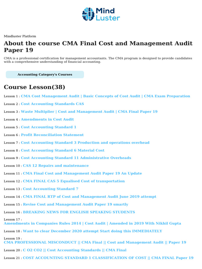CMA Final Cost and Management Audit Paper 19 Course Content | PDF ...