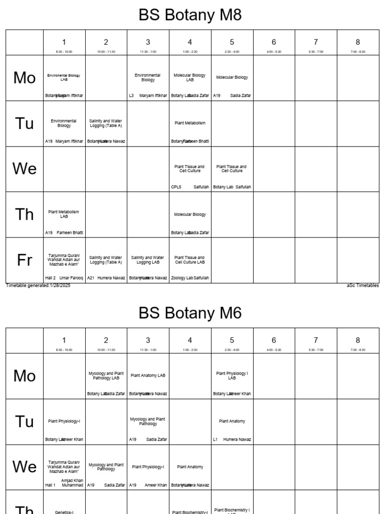 Revised Time Table Spring, 2025 | PDF | Botany | Biology