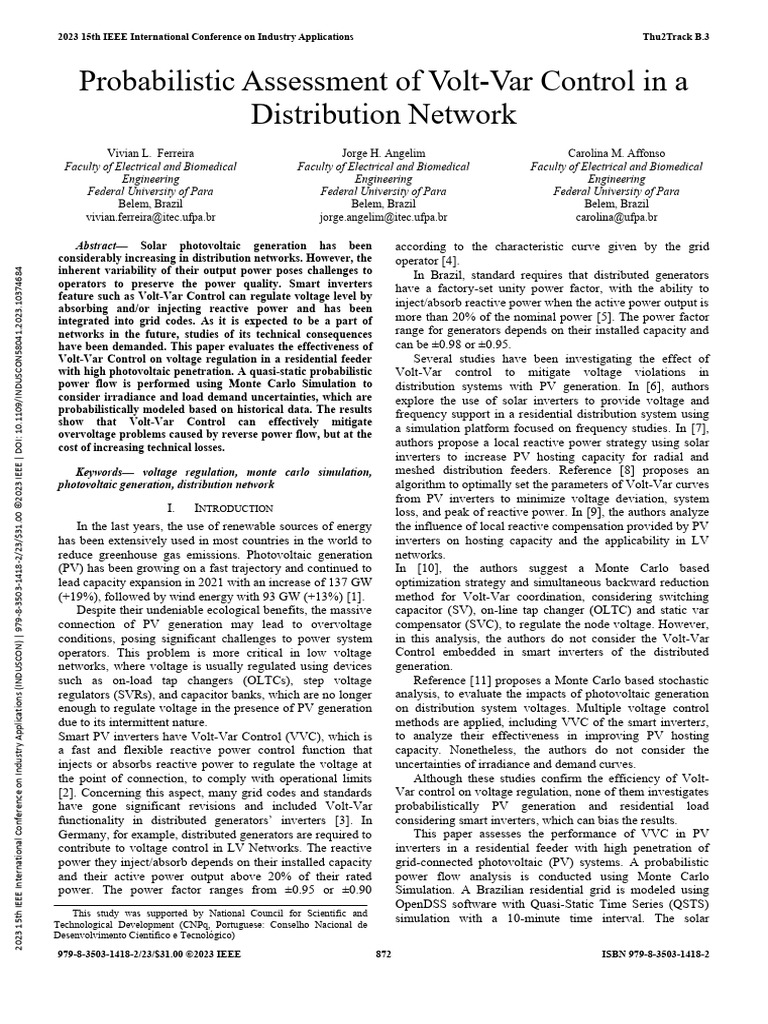 Probabilistic Assessment of Volt-Var Control in A Distribution Network | PDF | Photovoltaics ...