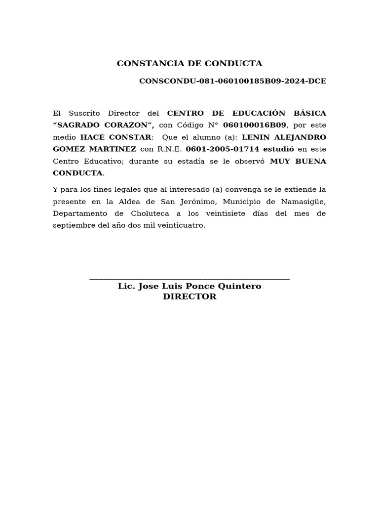 Constancia de Buena Conducta Escolar | PDF
