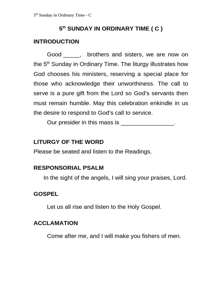 5th Sunday in Ordinary Time - C Liturgy | PDF | Mass (Liturgy) | Theology