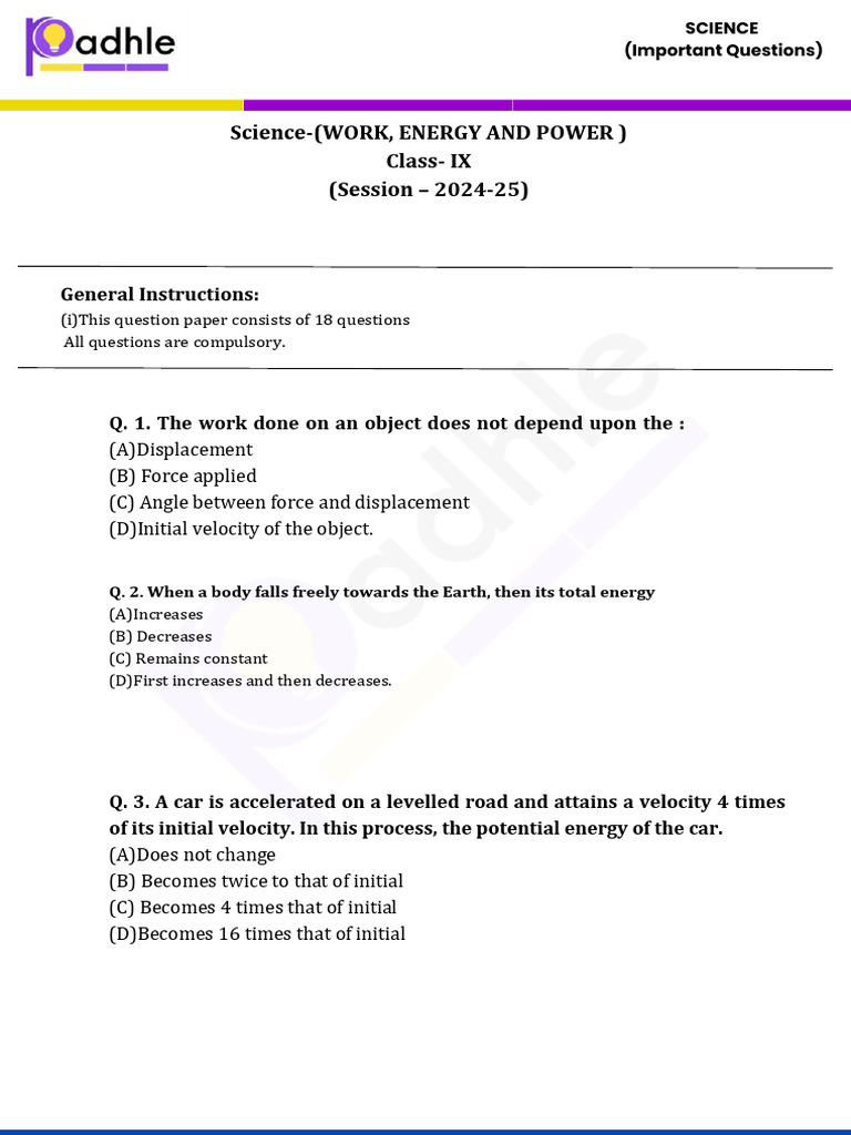 SCIENCE-WORK, ENERGY AND POWER- (MIQ)-By Just Padhle | PDF | Force ...