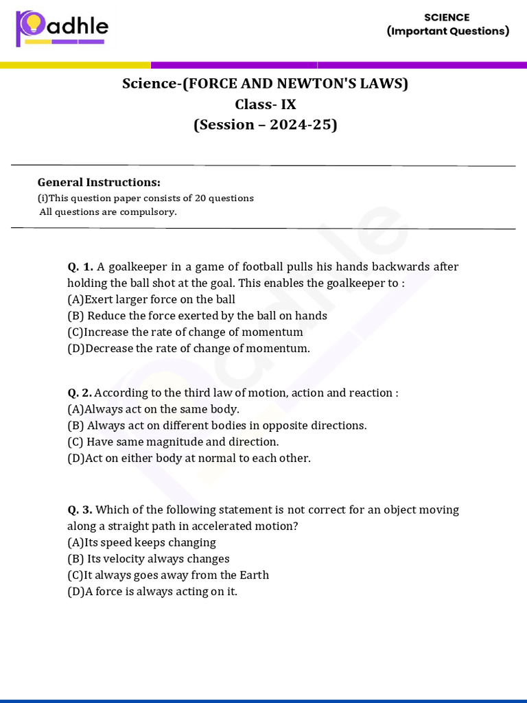 SCIENCE - FORCE AND NEWTON'S LAWS - (MIQ) - by Just Padhle | PDF ...