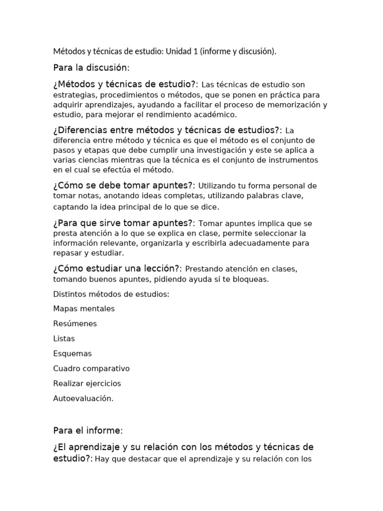 Métodos y Técnicas de Estudio Unidad I | PDF | Habilidades de estudio ...