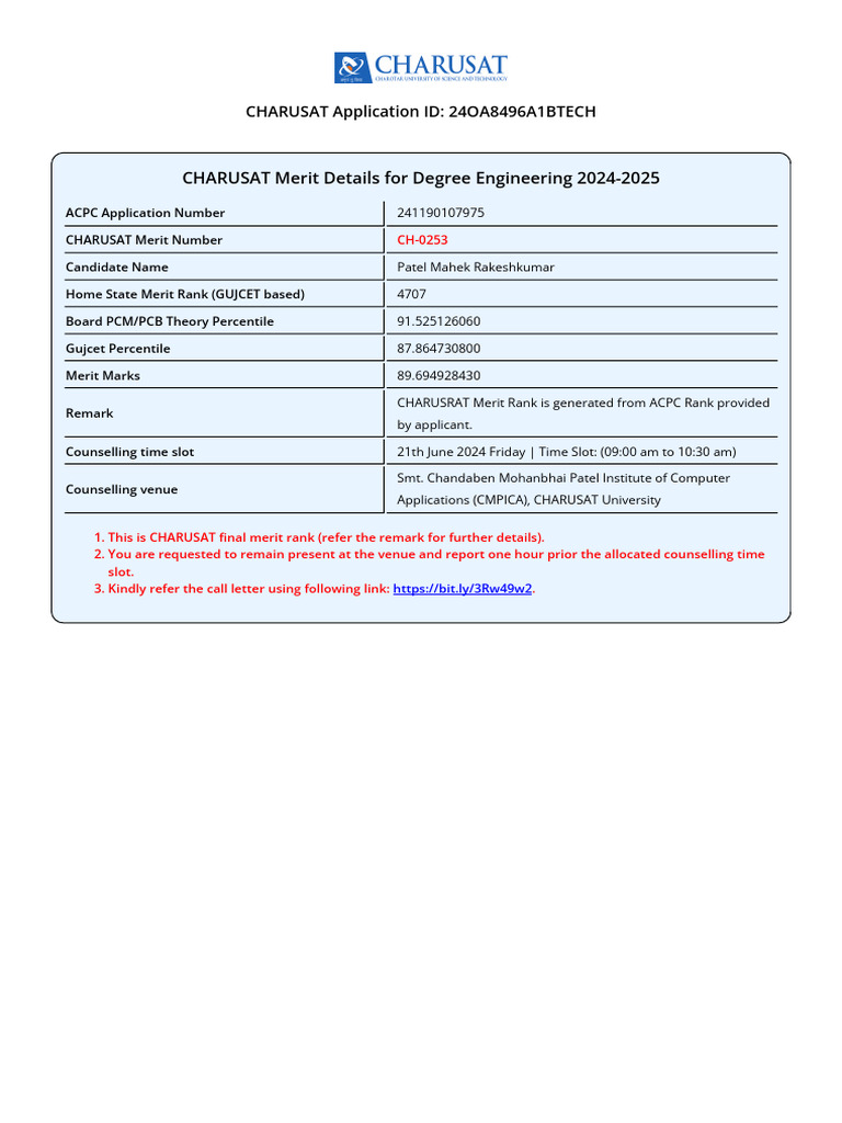 Charusat Final Merit MGMT | PDF