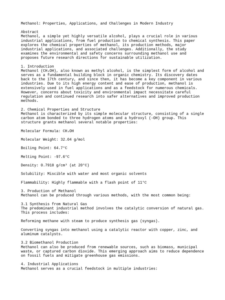 Methanol Properties, Applications, class research | PDF | Methanol ...