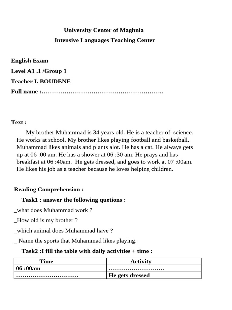 A1 English Exam: Muhammad's Daily Life | PDF