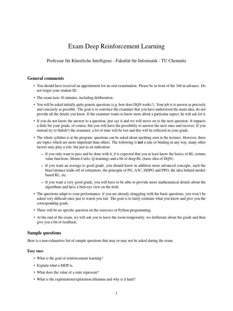 TU Chemnitz Deep RL Exam Guide | PDF | Cognitive Science | Learning