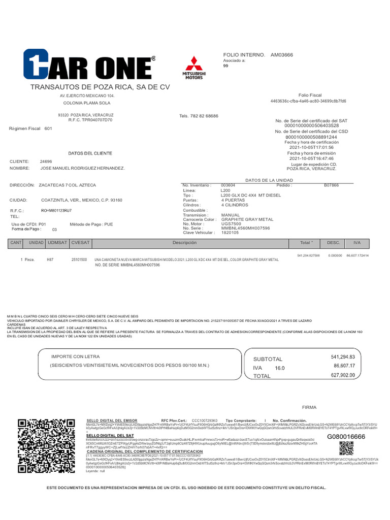 Factura Mitsubishi L200 Poza Rica | PDF | Vehículos terrestres | Vehículos