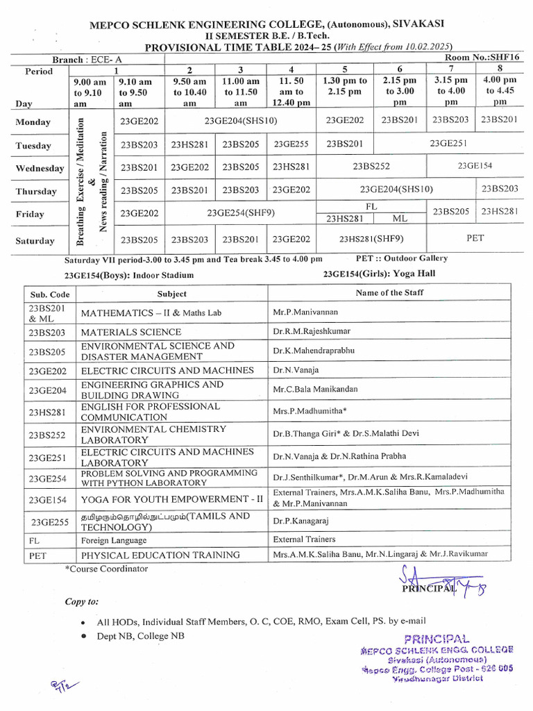I Year ECE Dept II Sem Time Table | PDF