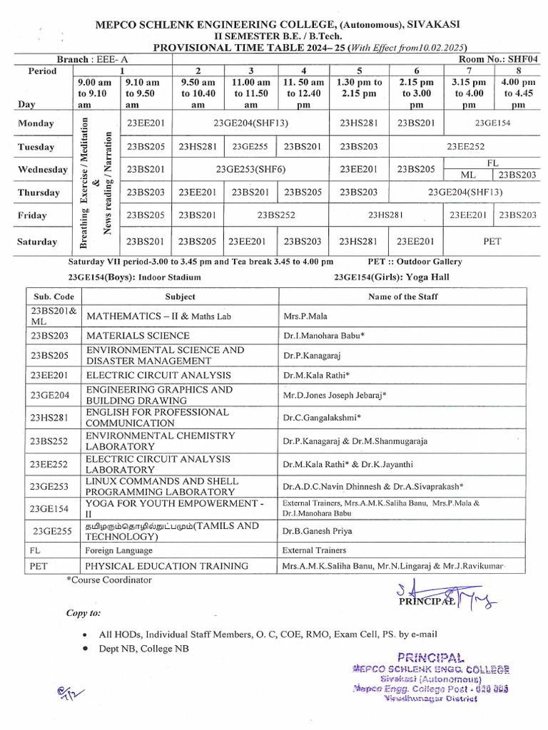 I Year EEE Dept II Sem Time Table | PDF