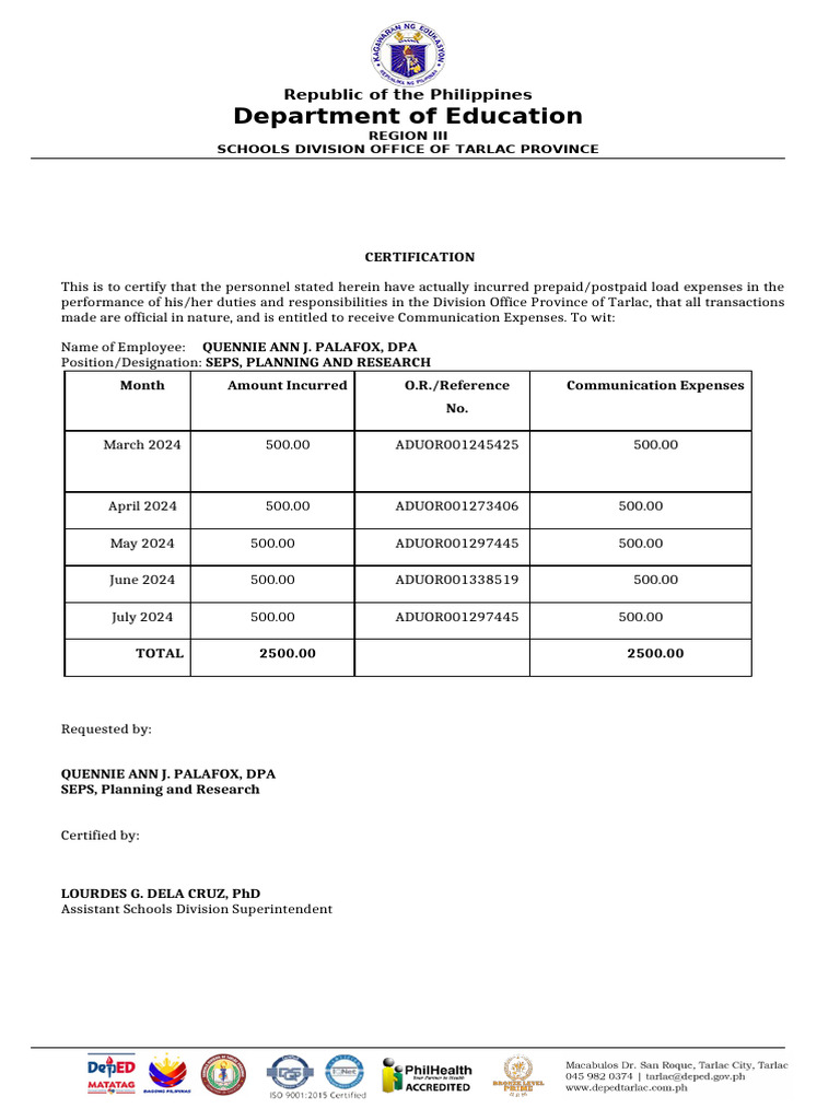CERTIFICATION - Load Expenses | PDF