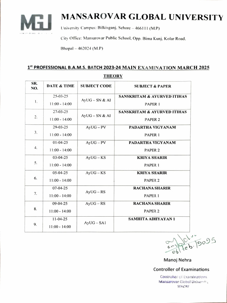 BAMS 1st Year Exam Schedule 2025 | PDF