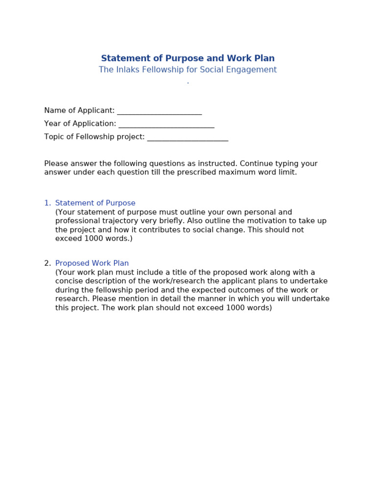 Sop and Workplan - Inlaksfellowships2025 | PDF