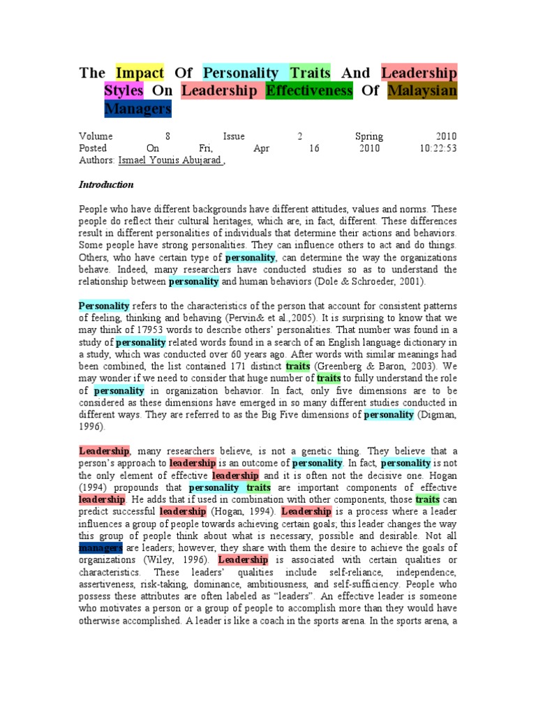 The Impact of Personality Traits and Leadership Styles On Leadership ...
