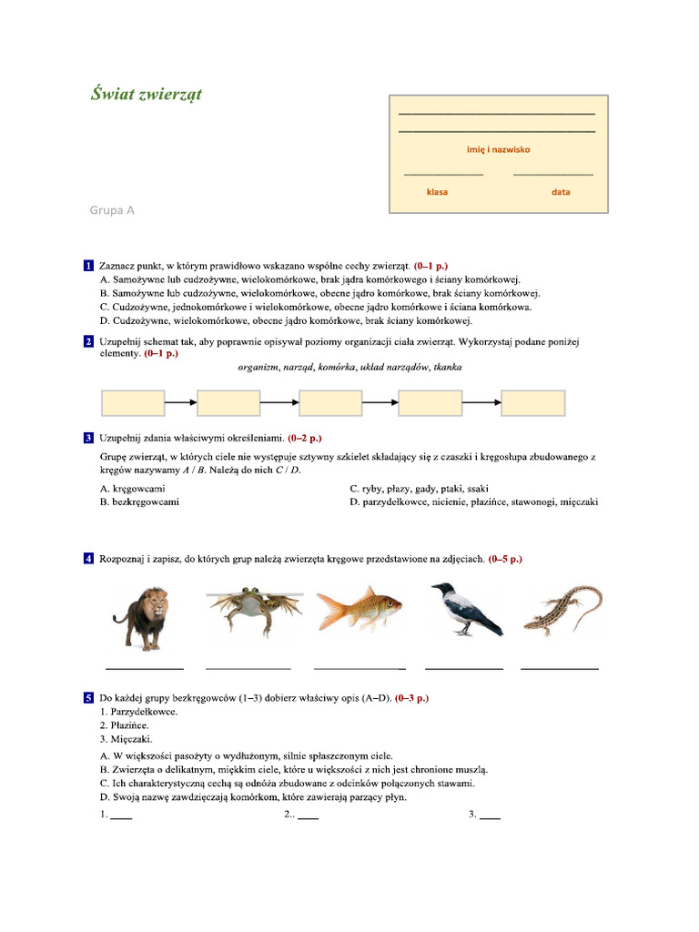 Świat Zwierząt Klasa 6 Dział 1 | PDF