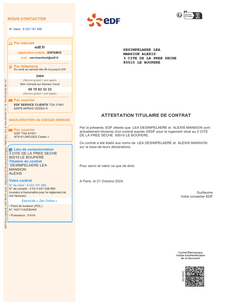 Attestation de contrat EDF 2024 | PDF | Informatique | Télécommunications
