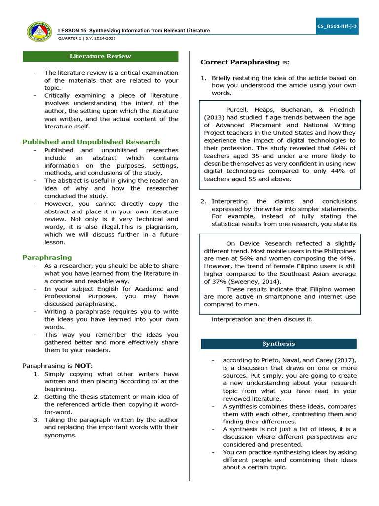 PR1 Lesson 15 | PDF | Experience | Literature Review