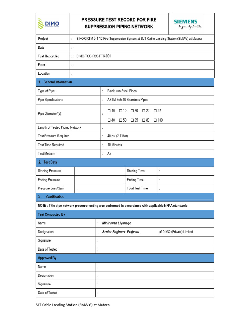 Fire Suppression System Pressure Test Report | PDF