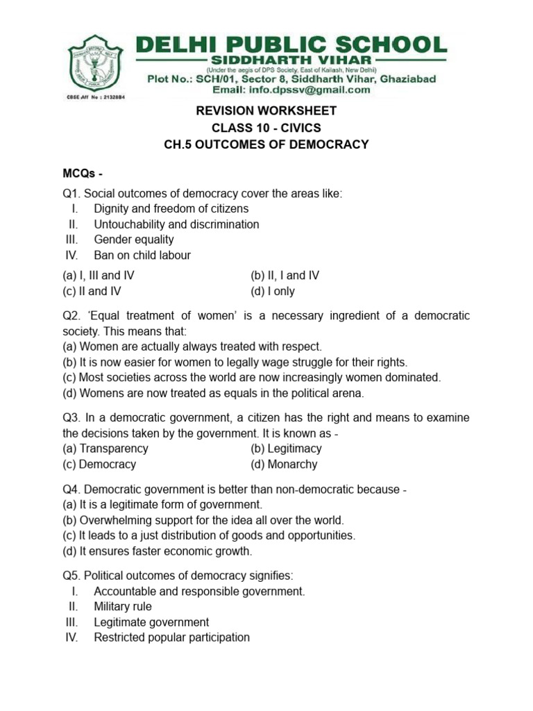 Civics Revision Worksheet - Outcomes of Democracy | PDF | Democracy ...