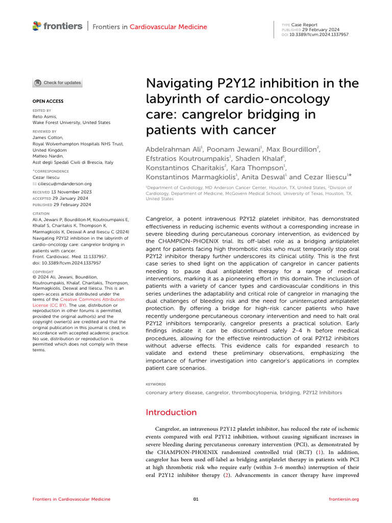 Cangrelor Bridging in Cancer - MD Anderson - Frontiers - 29feb2024 ...