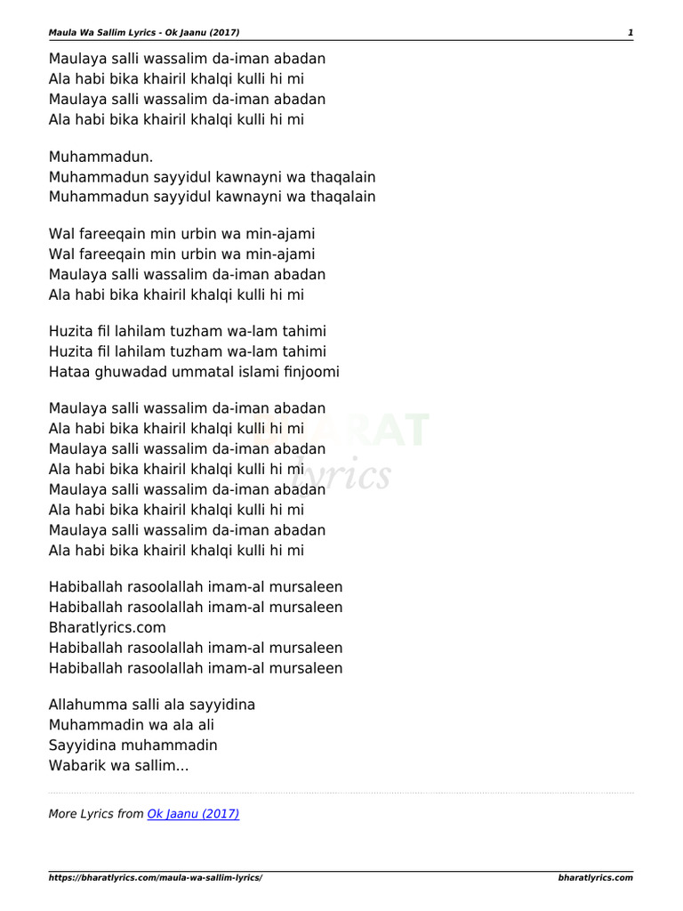 Maula Wa Sallim Lyrics | PDF