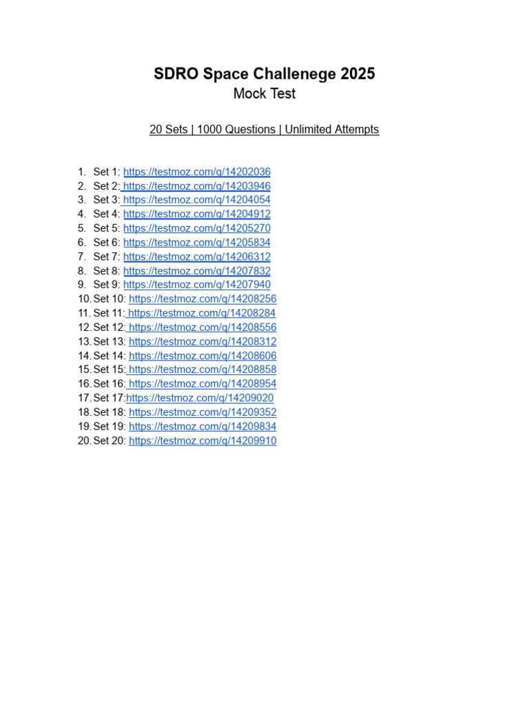 SDRO Space Challenge 2025 Mock Test | PDF