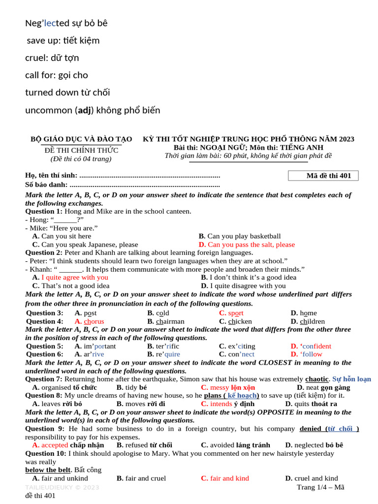 [tailieudieuky.com] 9. Tieng Anh_ De thi chinh thuc_K23_Ma de 401 | PDF | Adolescence ...