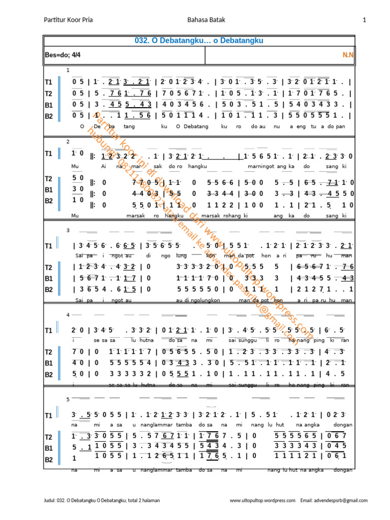 O Debatangku o Debatangku: Partitur Koor Pria Bahasa Batak 1 | PDF