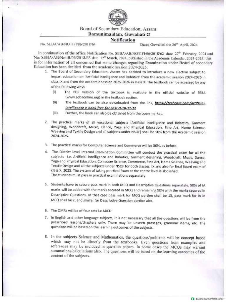 New Guidelines of SEBA For HSLC 2025 | PDF
