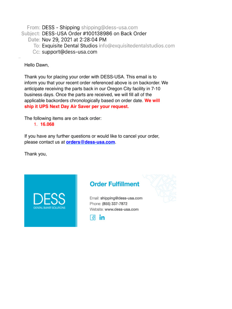 DESS-USA Order #100138986 on Back Order | PDF