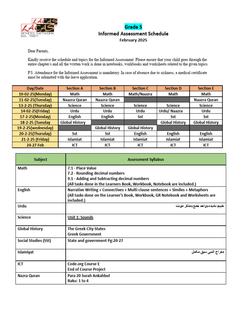 Grade 5 Informed Assessment Schedule | PDF