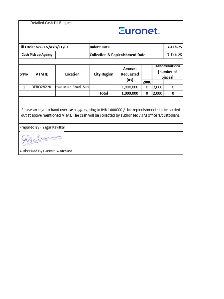 ATM Cash Fill Request - Feb 2025 | PDF