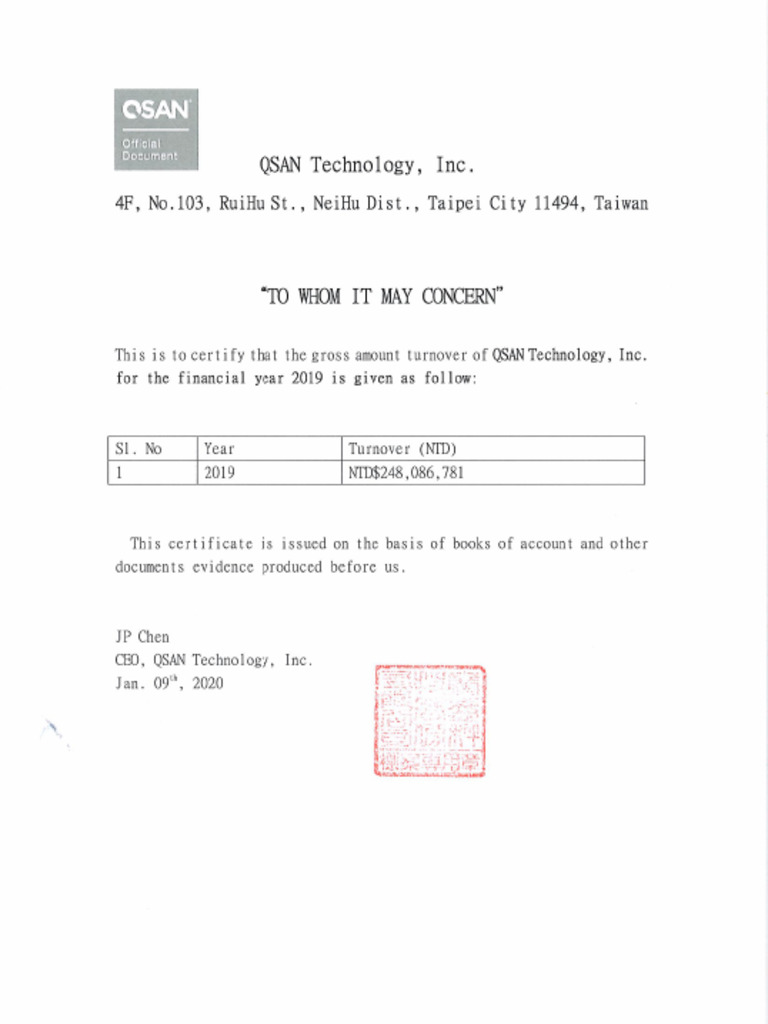 QSAN Annual Turnover Certificate | PDF