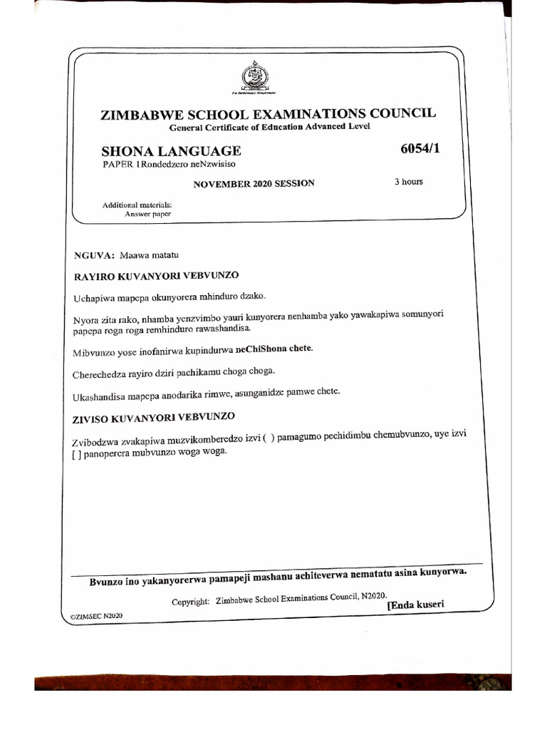 A Level Shona P1 Nov2020 | PDF