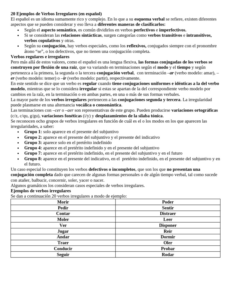 20 Ejemplos de Verbos Irregulares en Español | PDF | Verbo | Conjugación gramatical