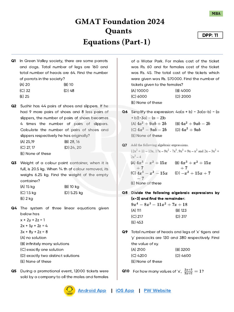Quants - DPP 11 (Of Lecture 12) - GMAT Foundation 2024 | PDF ...