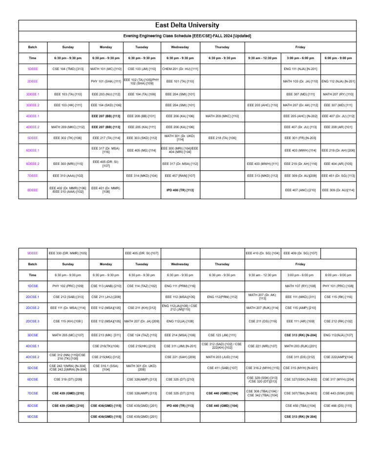 Class Routine-FALL 2024 (Evening Engg._eee & CSE) [Updated] - Class Routine FALL 2024 | PDF