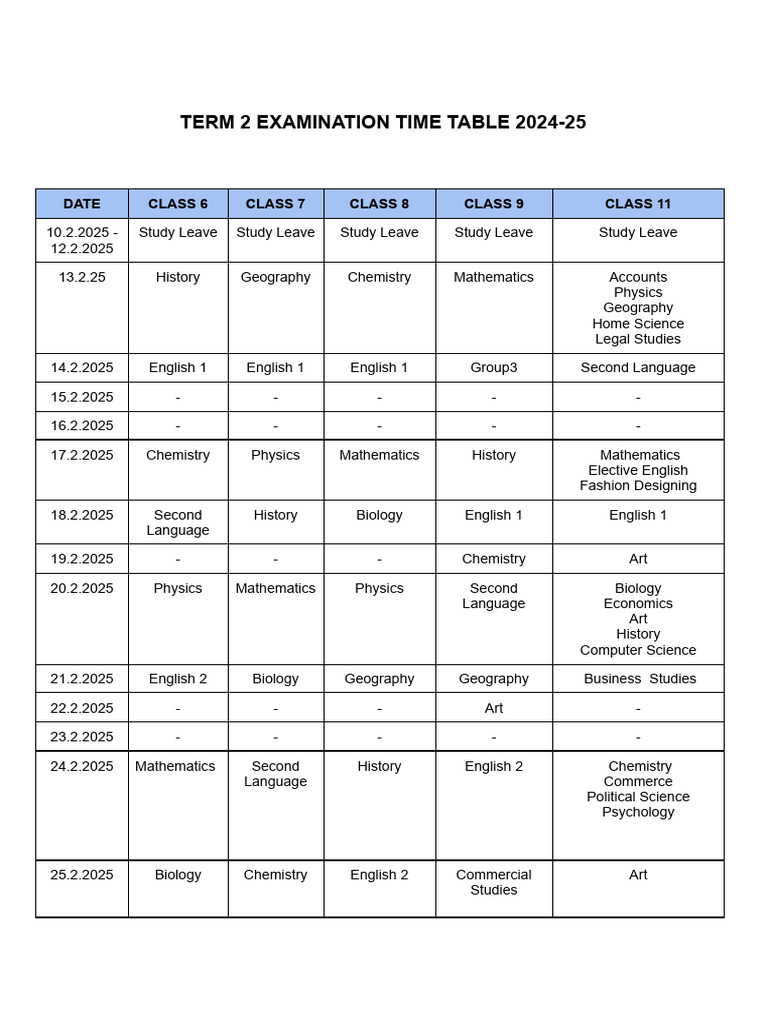 Term 2 Examination Time Table 2024-25 | PDF | Science | Liberal Arts ...