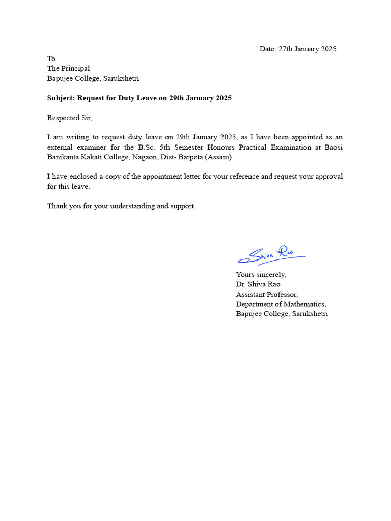 Duty Leave Request for External Exam | PDF