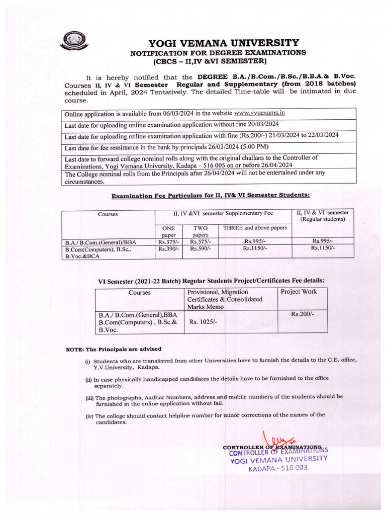 Ug Ii Iv Vi Sem Fee Notification March 2024 | PDF