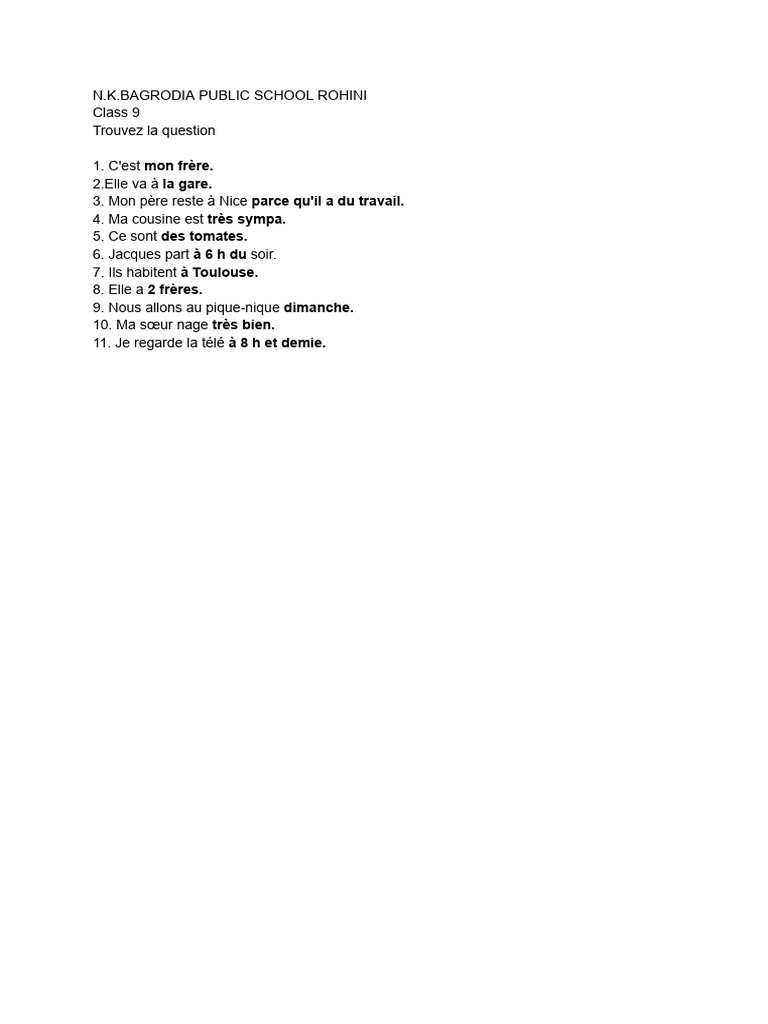 Questions pour la classe 9 | PDF