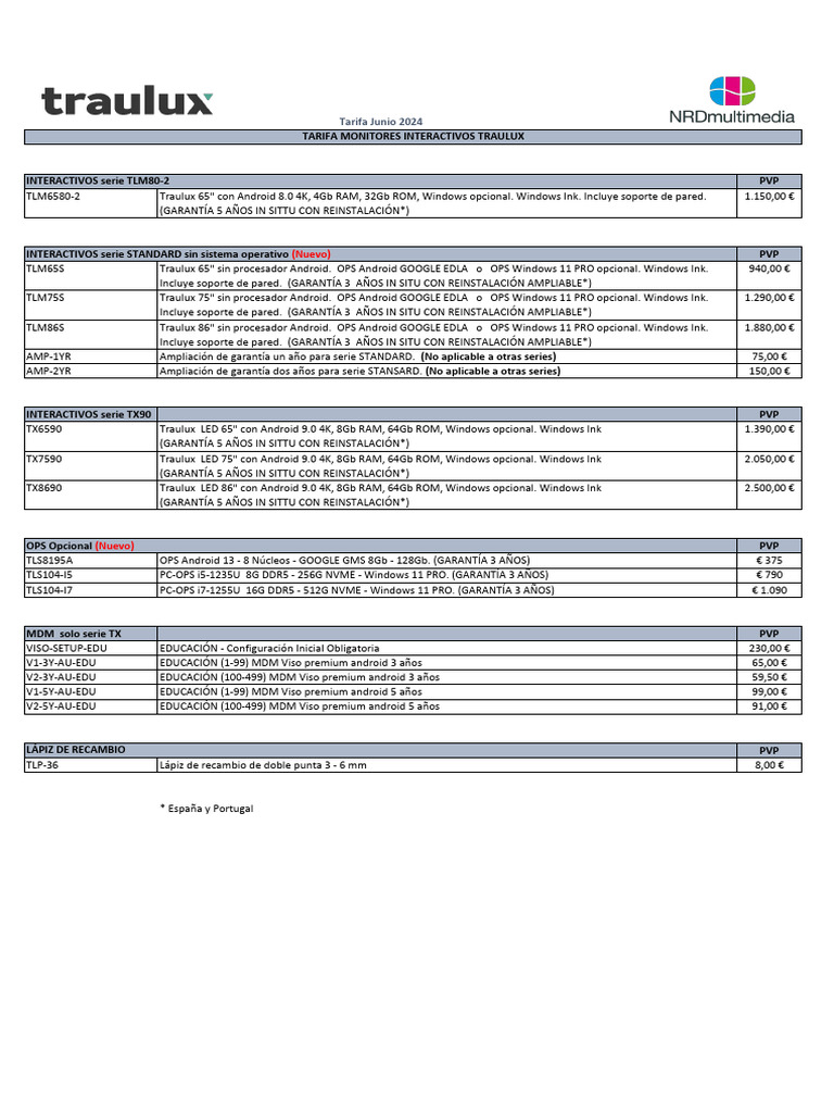 Tarifa Monitores Interactivos Traulux JUNIO 2024 NRD | PDF | Android (sistema operativo ...